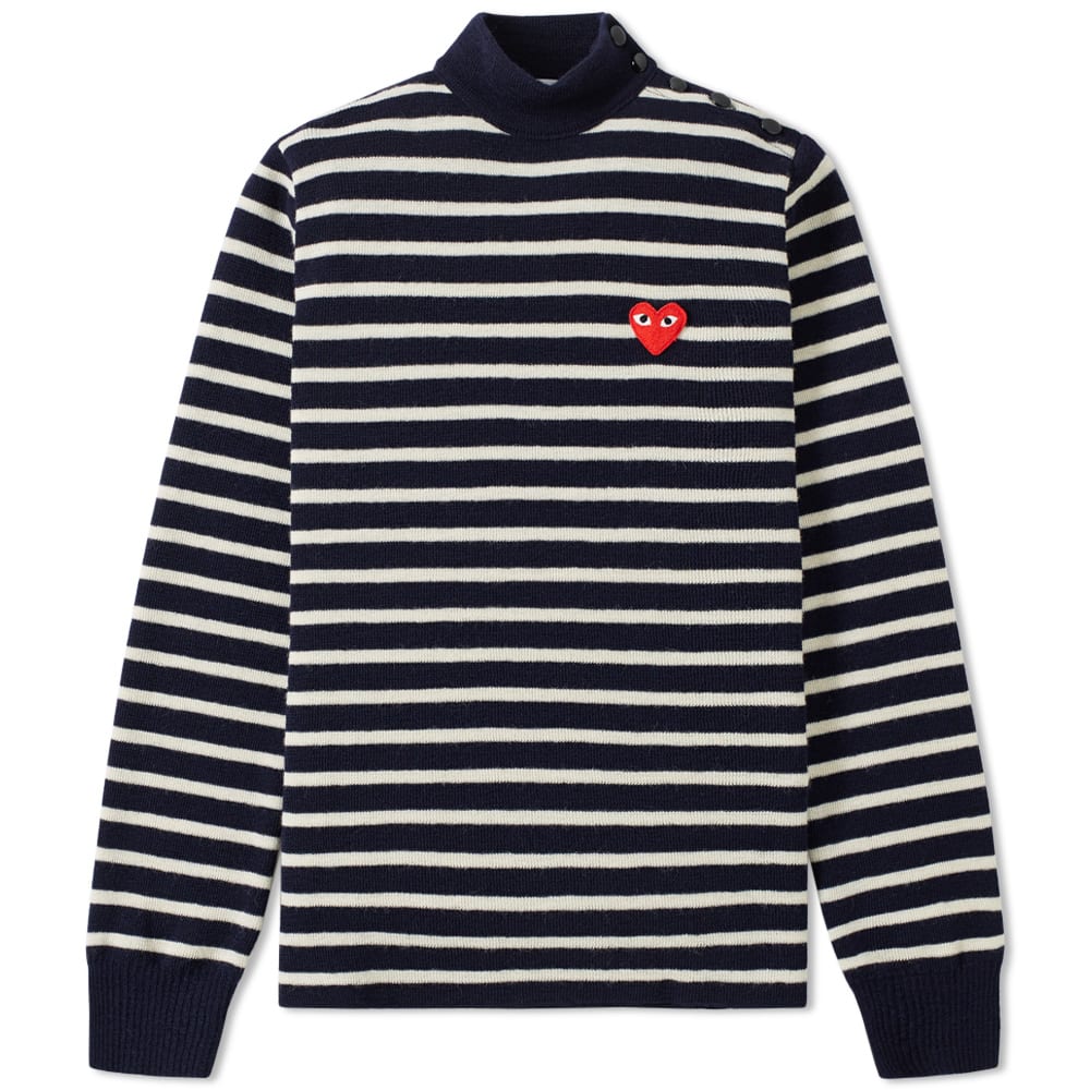 Comme des Garcons Play Heart Logo Stripe Roll Neck Navy & White | END. (US)