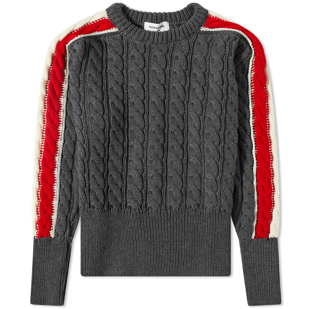 Thom Browne Tricolour Sleeve Stripe Crew Cable Knit Med Grey | END. (US)