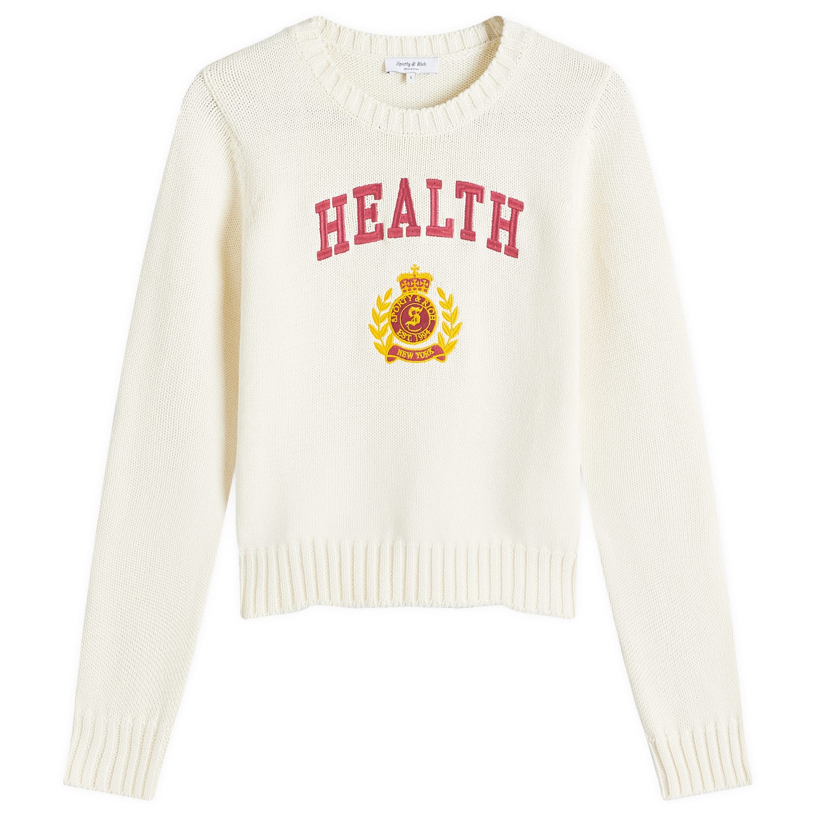 Sporty & Rich NY Health Crest Knitted Sweater Cream Navy/Gold/Crimson ...