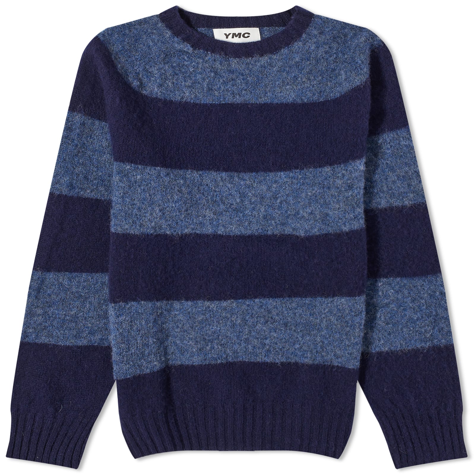 YMC Suedehead Stripe Crew Knit Navy-Blue | END. (GB)