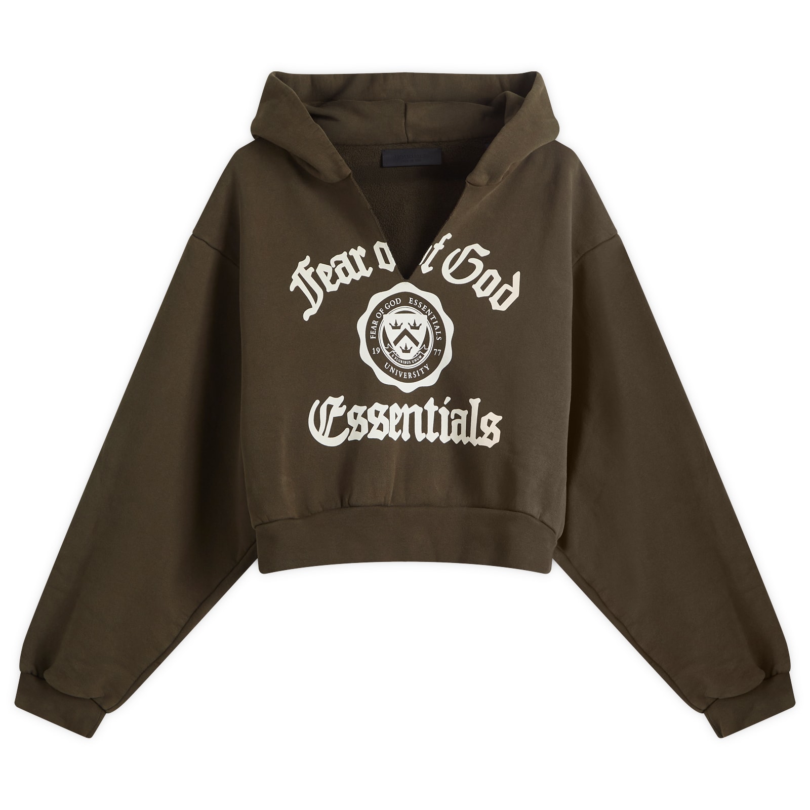 Fear of God ESSENTIALS Heavy Fleece Cropped V-Neck Hoodie Brown | END. (GB)