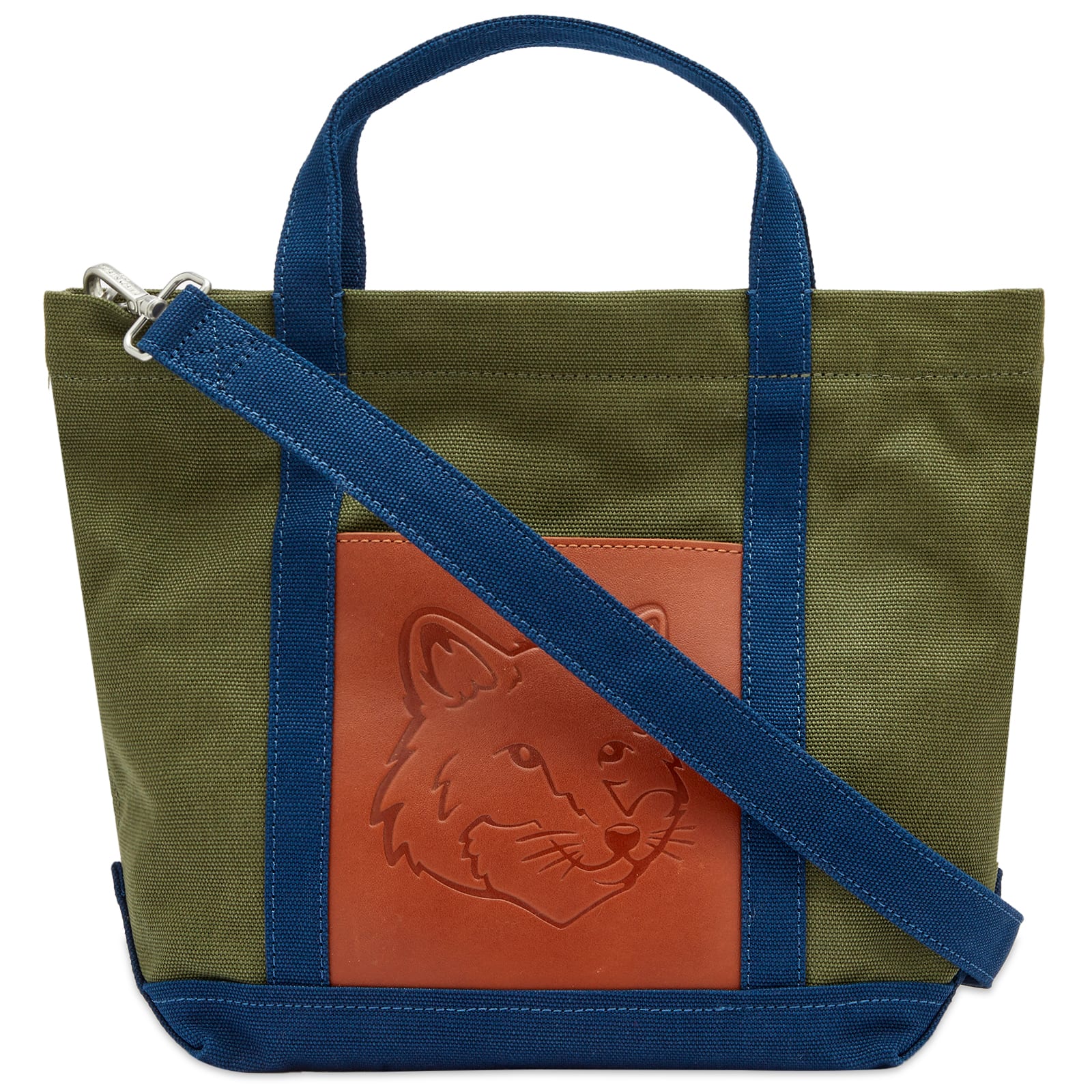 Maison Kitsune Fox Head Leather Pocket Mini Tote Bag Military Green ...