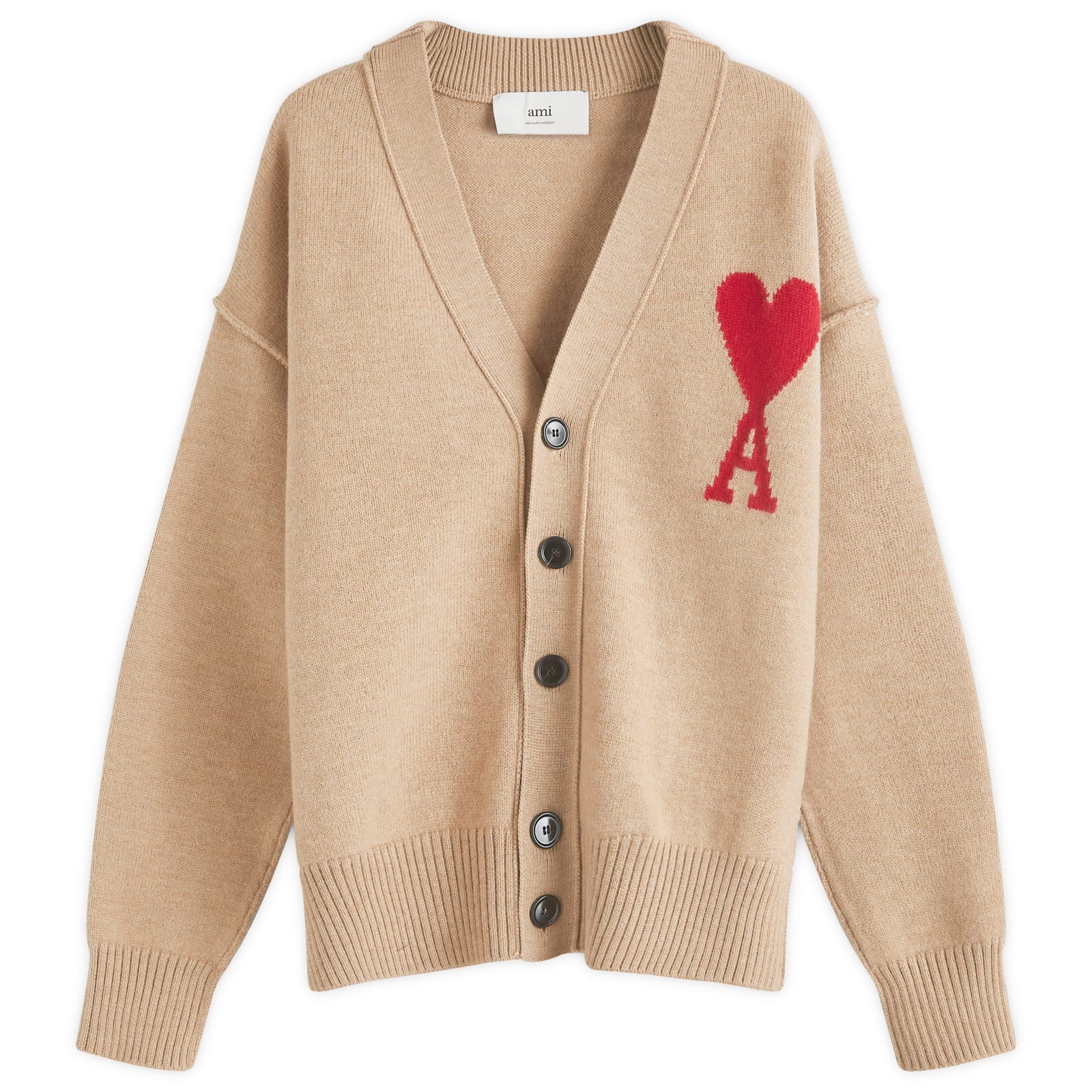 AMI Paris Large A Heart Cardigan Camel & Red | END.