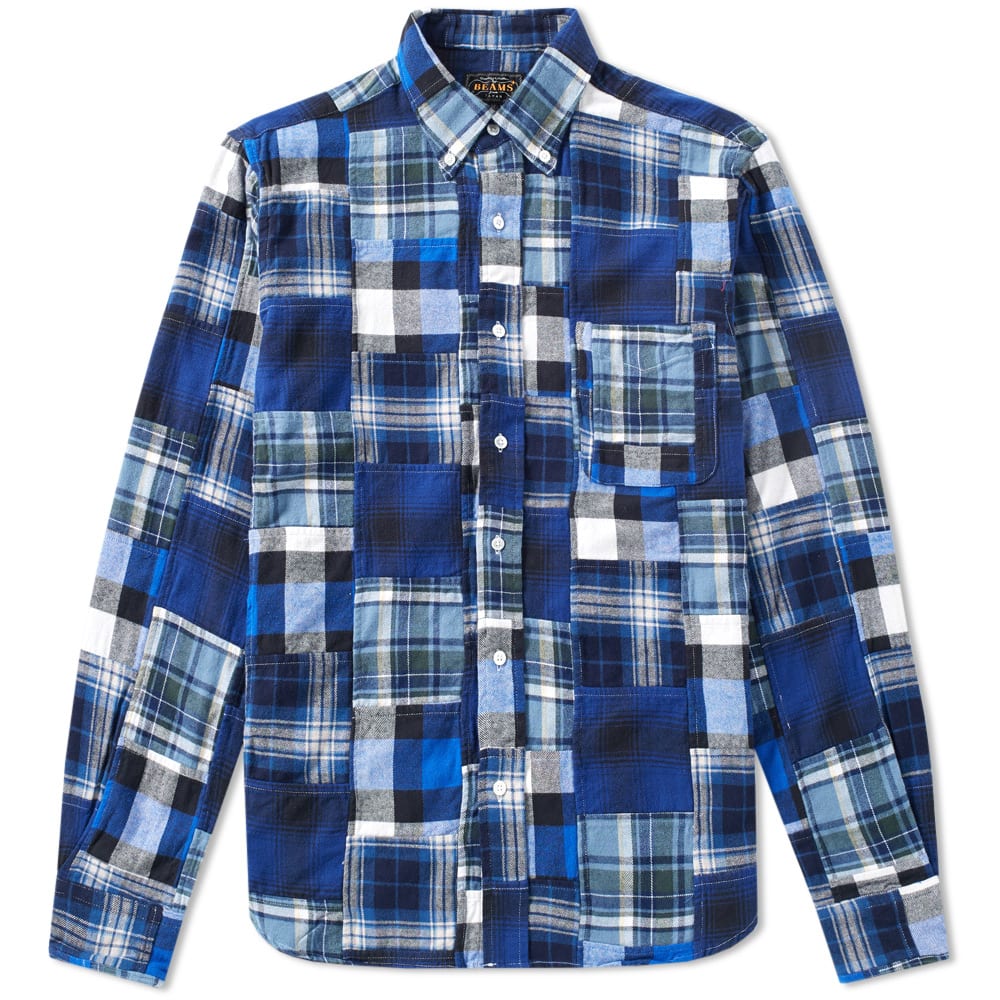Beams Plus Button Down Patchwork Check Shirt Blue | END. (US)