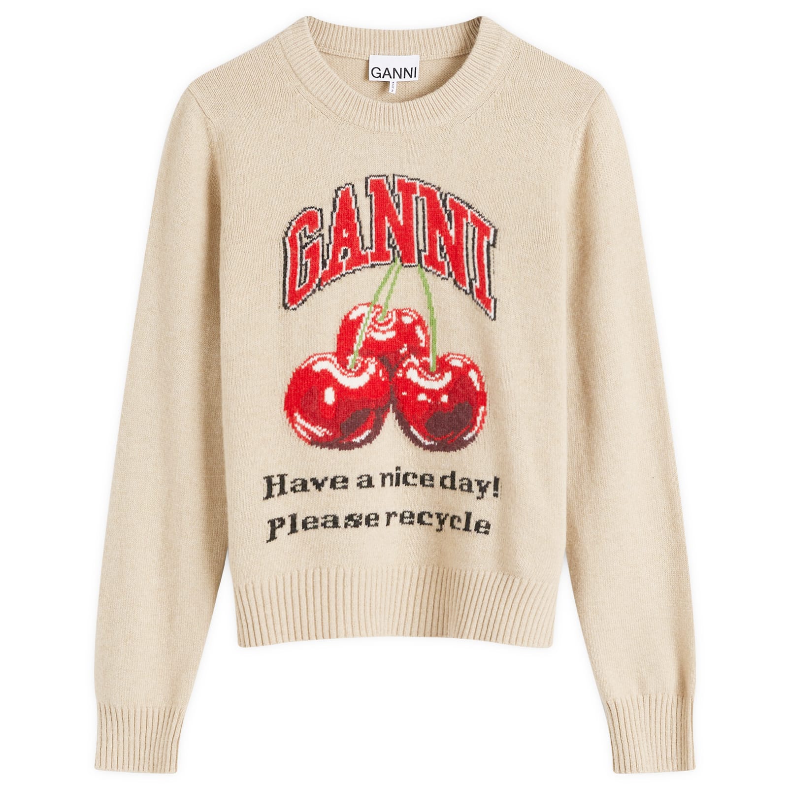 Ganni Graphic Wool Mix Cherry Crewneck Safari | END. (GB)