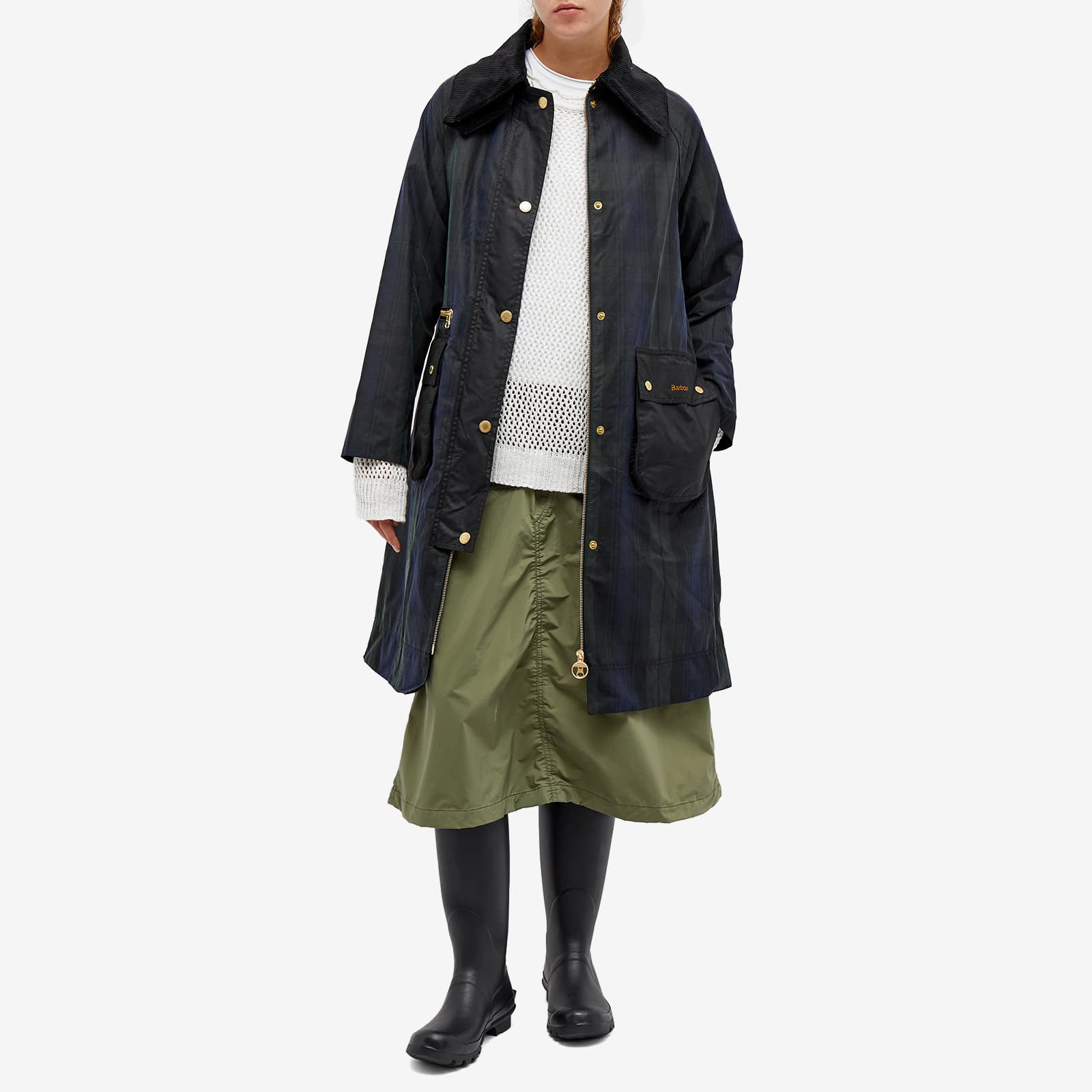 Barbour Printed Townfield Longline Wax Coat Black & Sage Tartan | END. (US)
