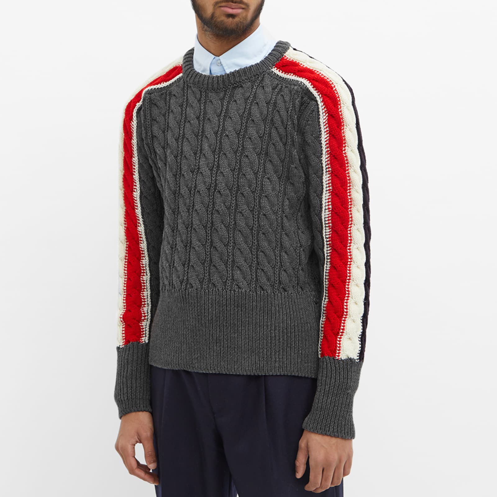 Thom Browne Tricolour Sleeve Stripe Crew Cable Knit Med Grey | END. (GB)