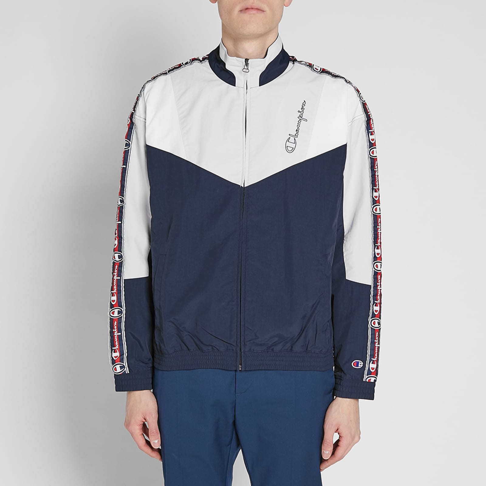 Champion Reverse Weave Corporate Taped Track Top Navy, Lavender & White ...