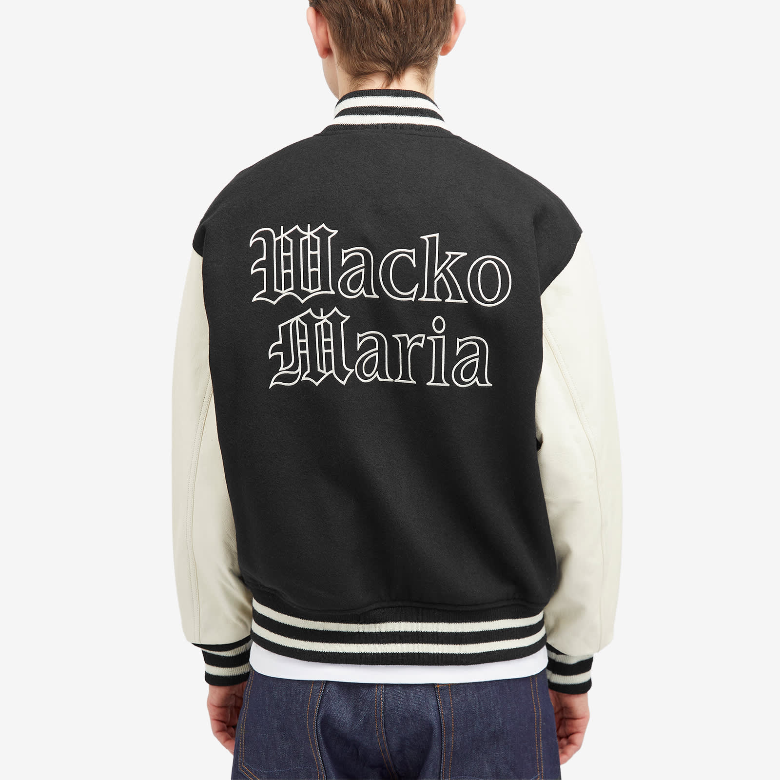 Wacko Maria Gothic Logo Leather Varsity Jacket Black | END. (US)