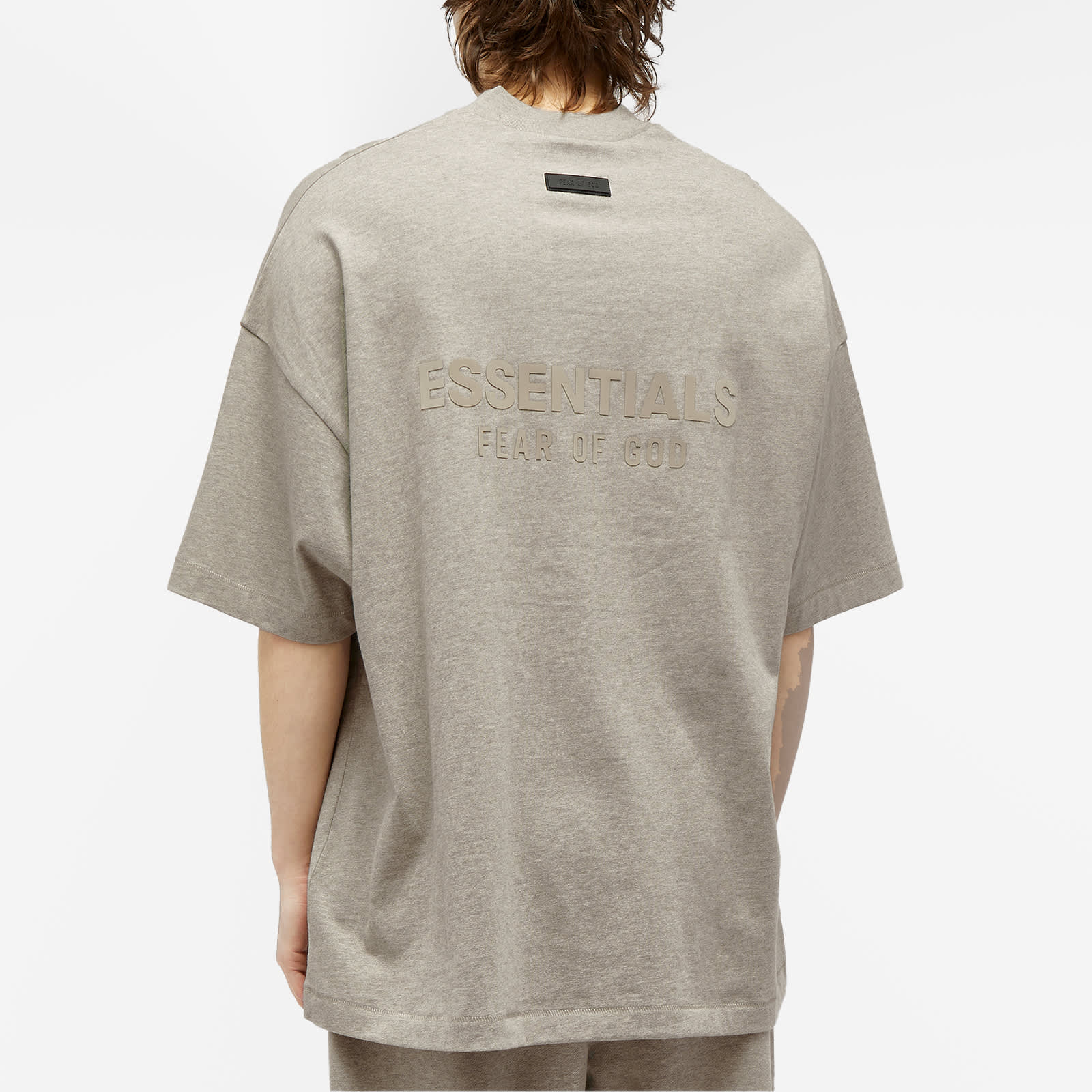 Fear of God ESSENTIALS Spring Logo V-Neck T-Shirt Dark Heather Oatmeal ...