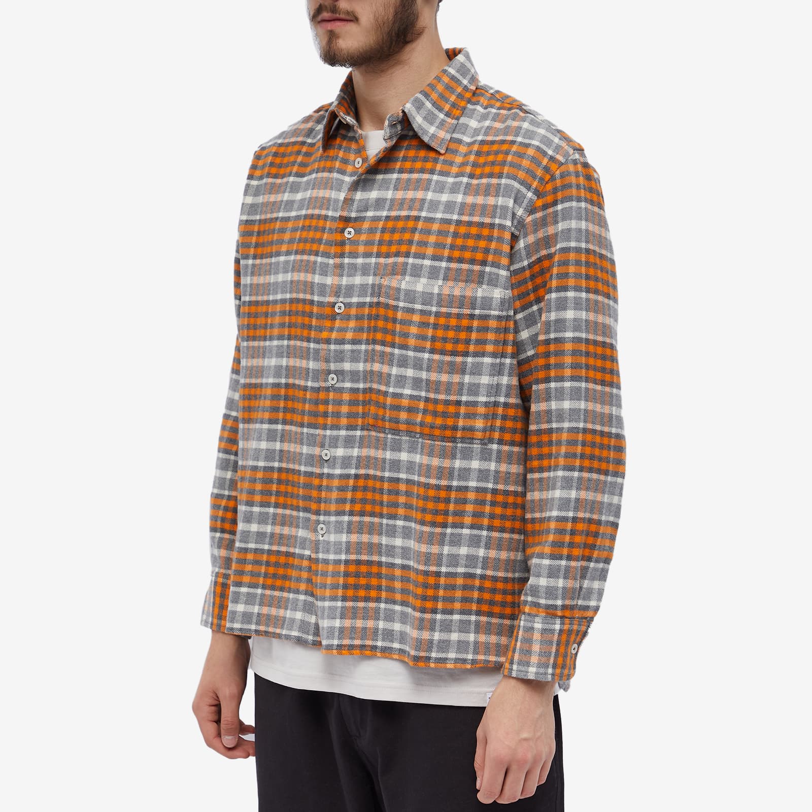 Universal Works Brushed Flannel Square Pocket Shirt Grey & Orange Check ...