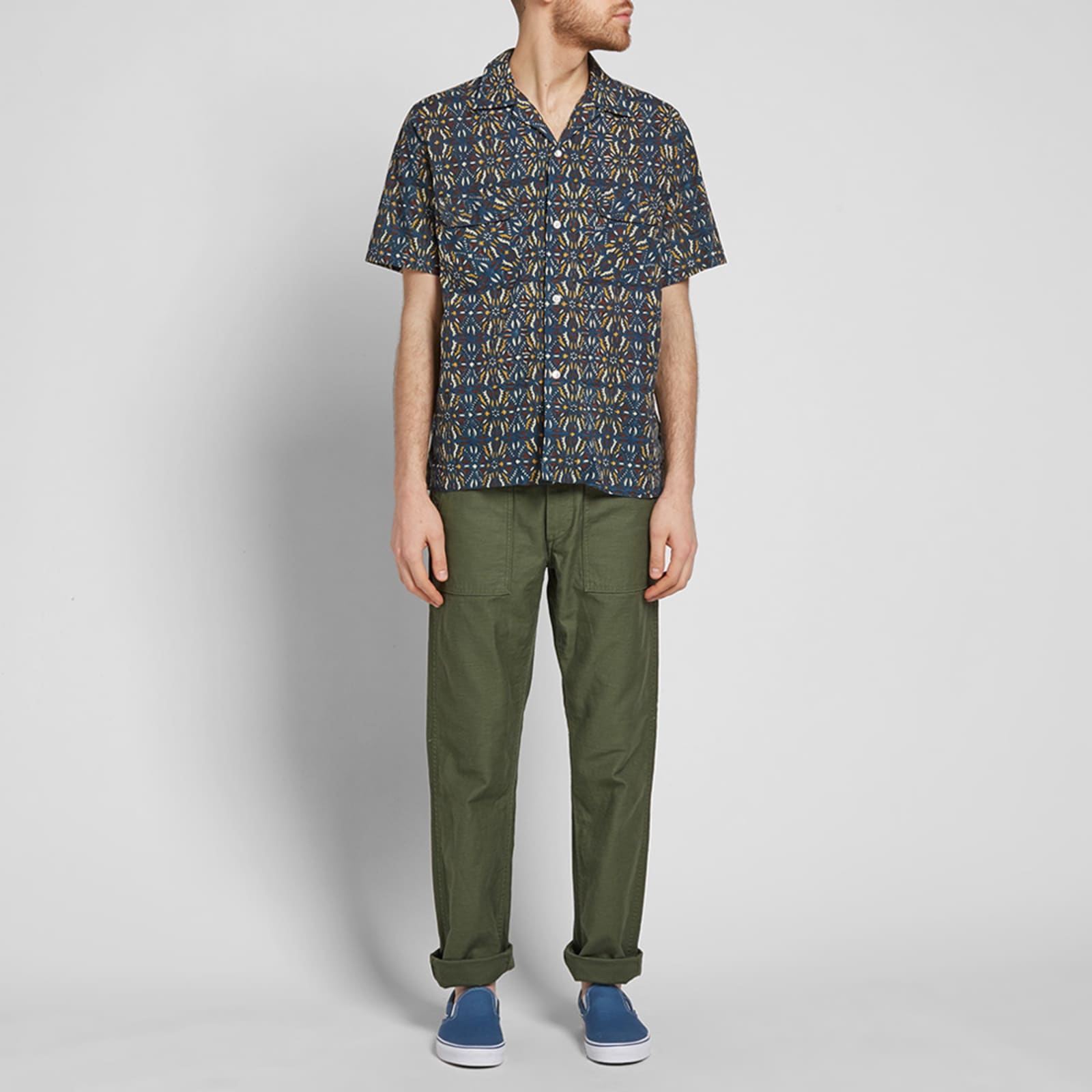 Beams Plus Short Sleeve Open Collar Indian Block Print Shirt Blue | END.