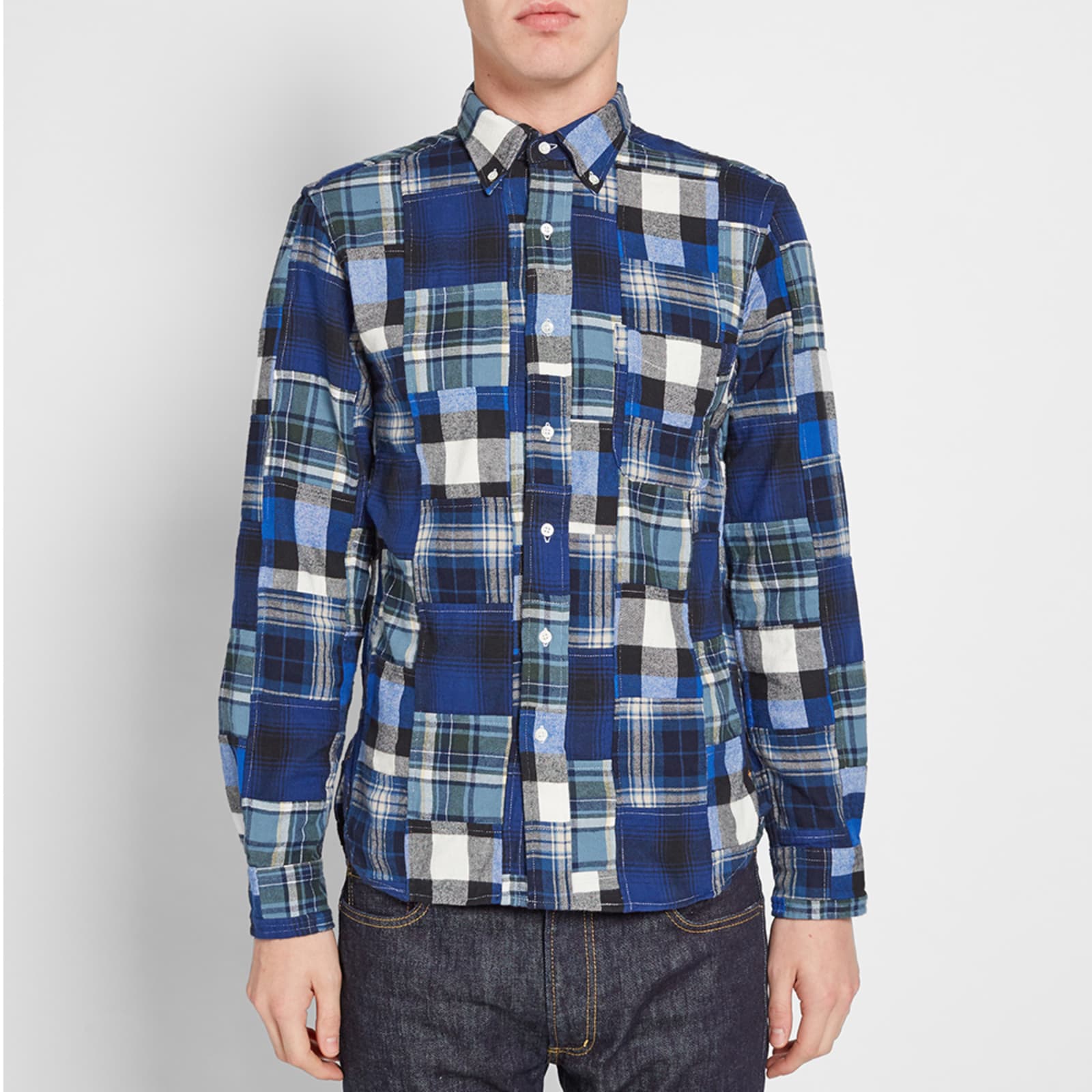 Beams Plus Button Down Patchwork Check Shirt Blue | END. (US)