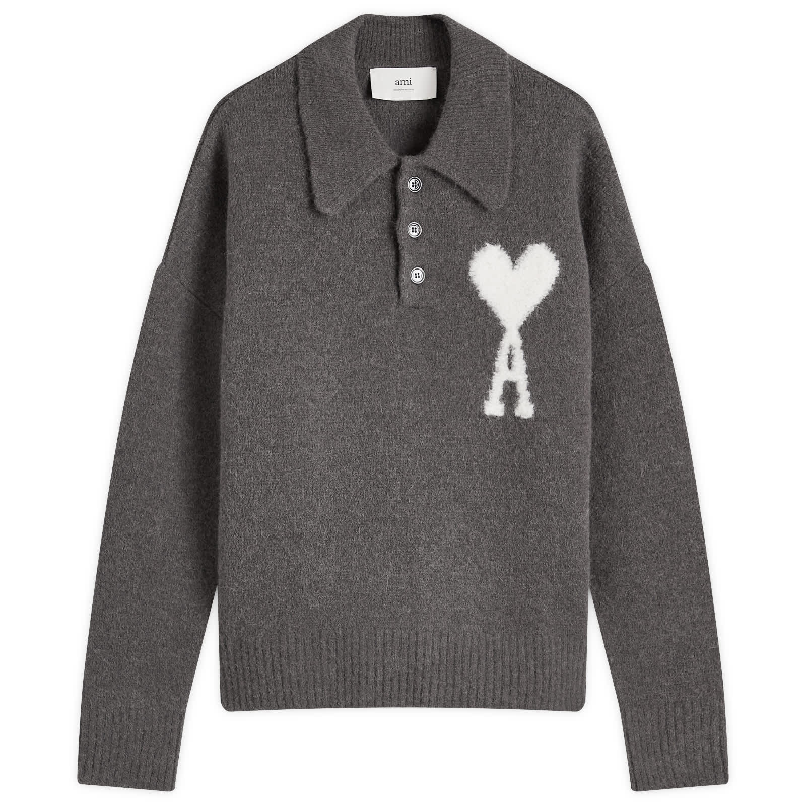AMI Paris Large A Heart Knitted Polo Dark Grey | END. (HK)