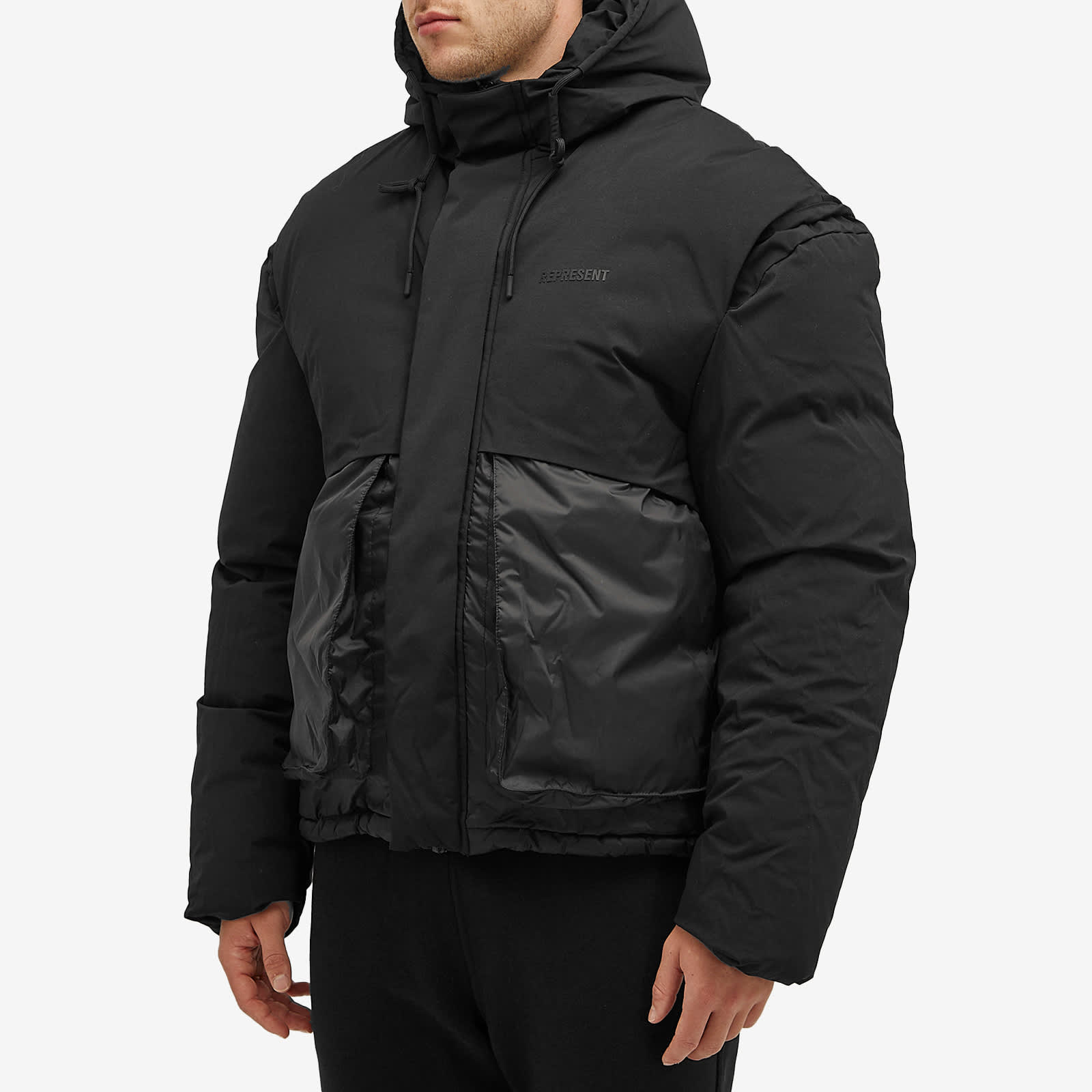 Represent Layered Hooded Puffer Jet Black | END. (GB)