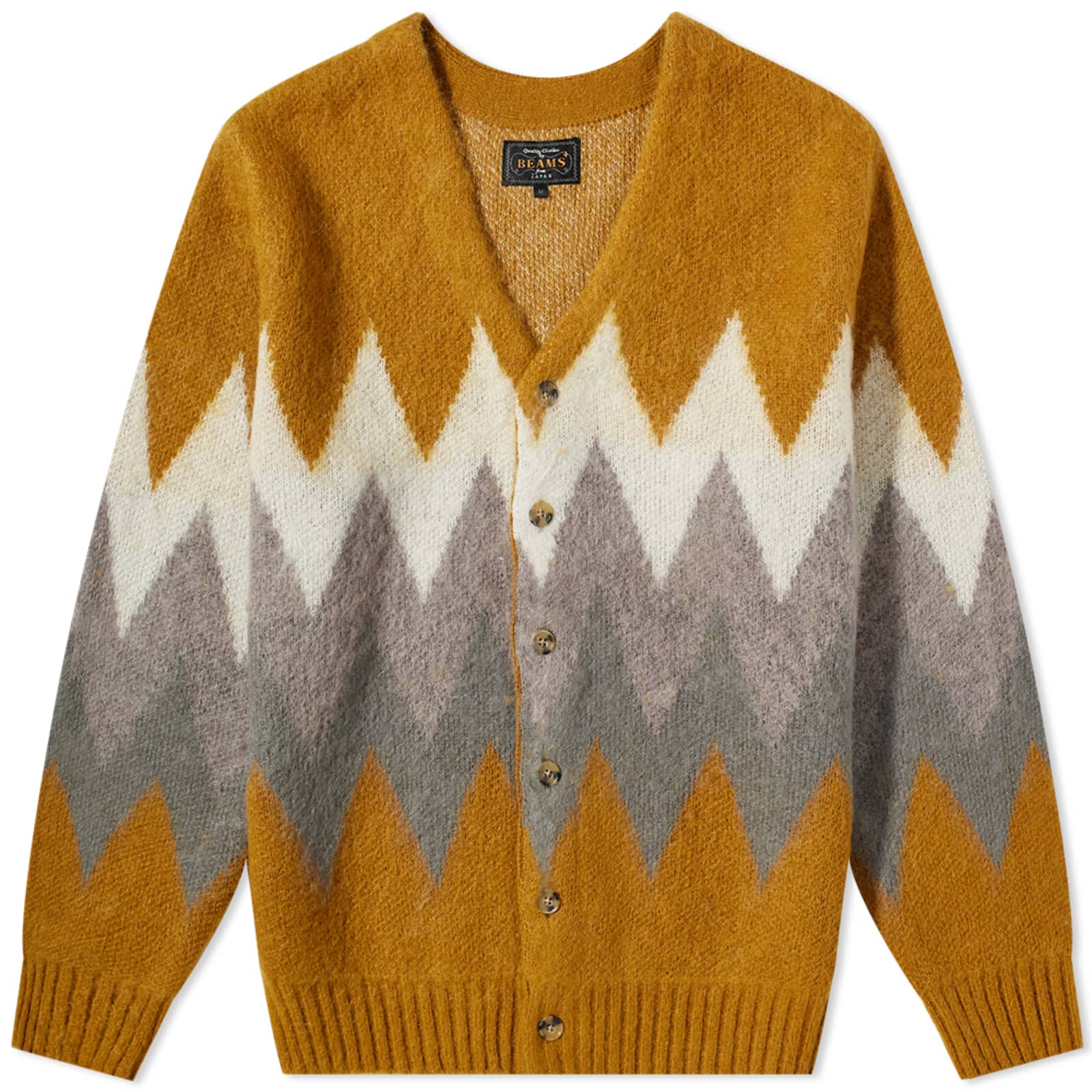 Beams Plus Chevron Stripe Jacquard Mohair Cardigan Mustard | END.