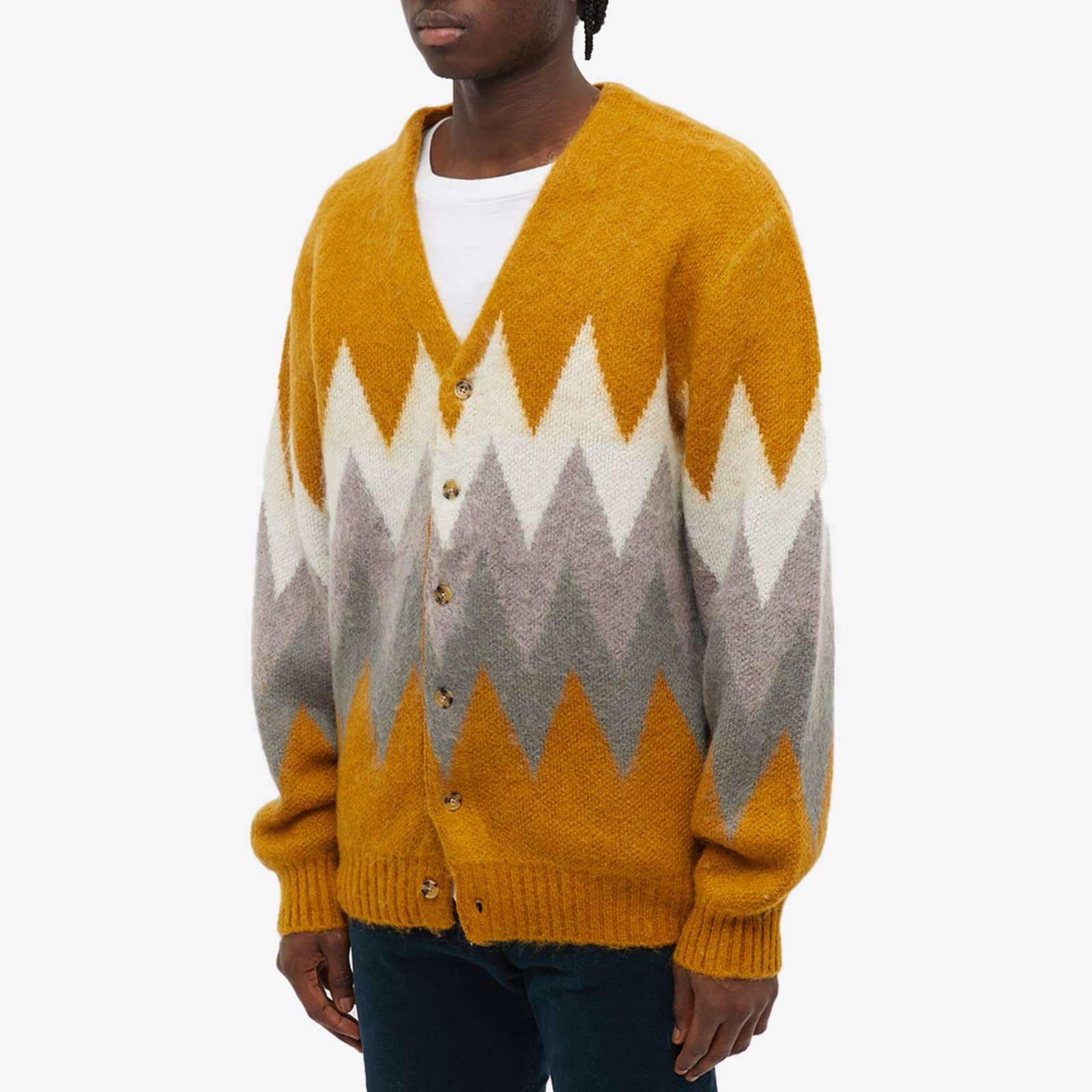 Beams Plus Chevron Stripe Jacquard Mohair Cardigan Mustard | END.