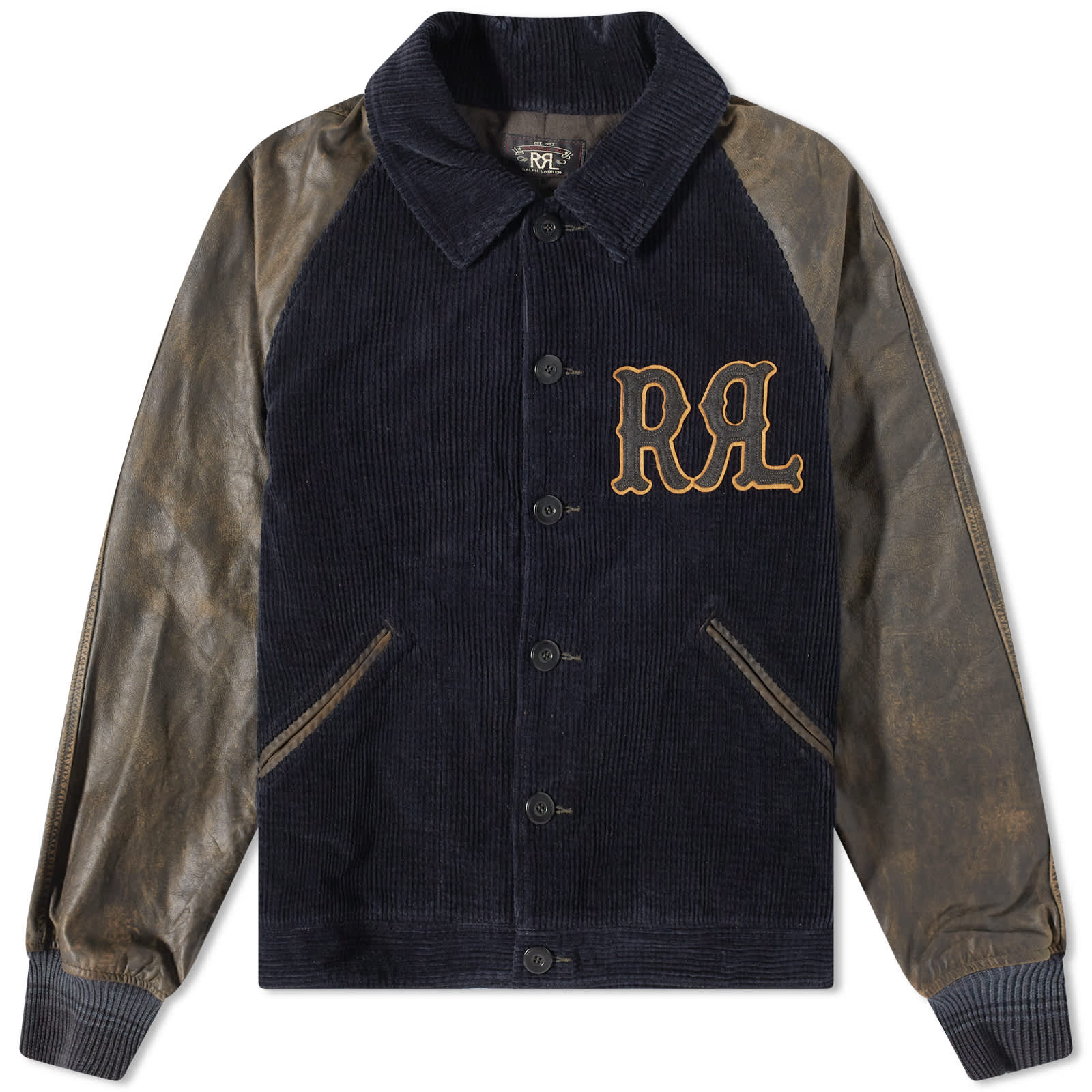 RRL Farewell Varsity Lined Bomber Jacket Black & Deep Navy | END. (KR)