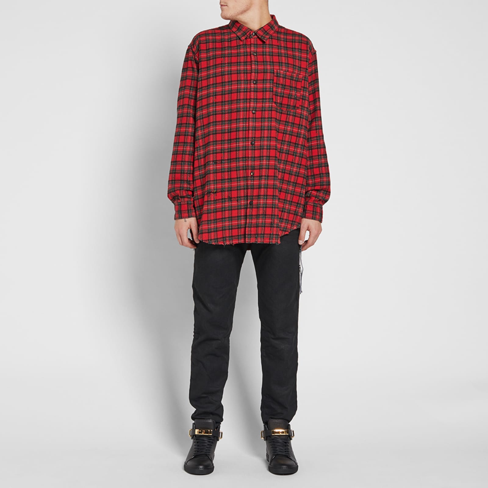 MASTERMIND WORLD Damaged Skull Check Flannel Shirt Red | END.