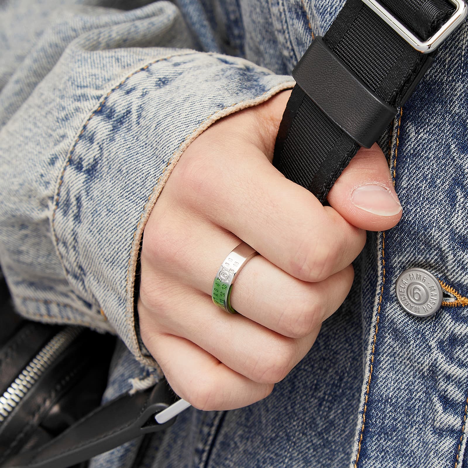 MM6 Maison Margiela Number Logo Ring Polished Silver & Green | END. (HK)