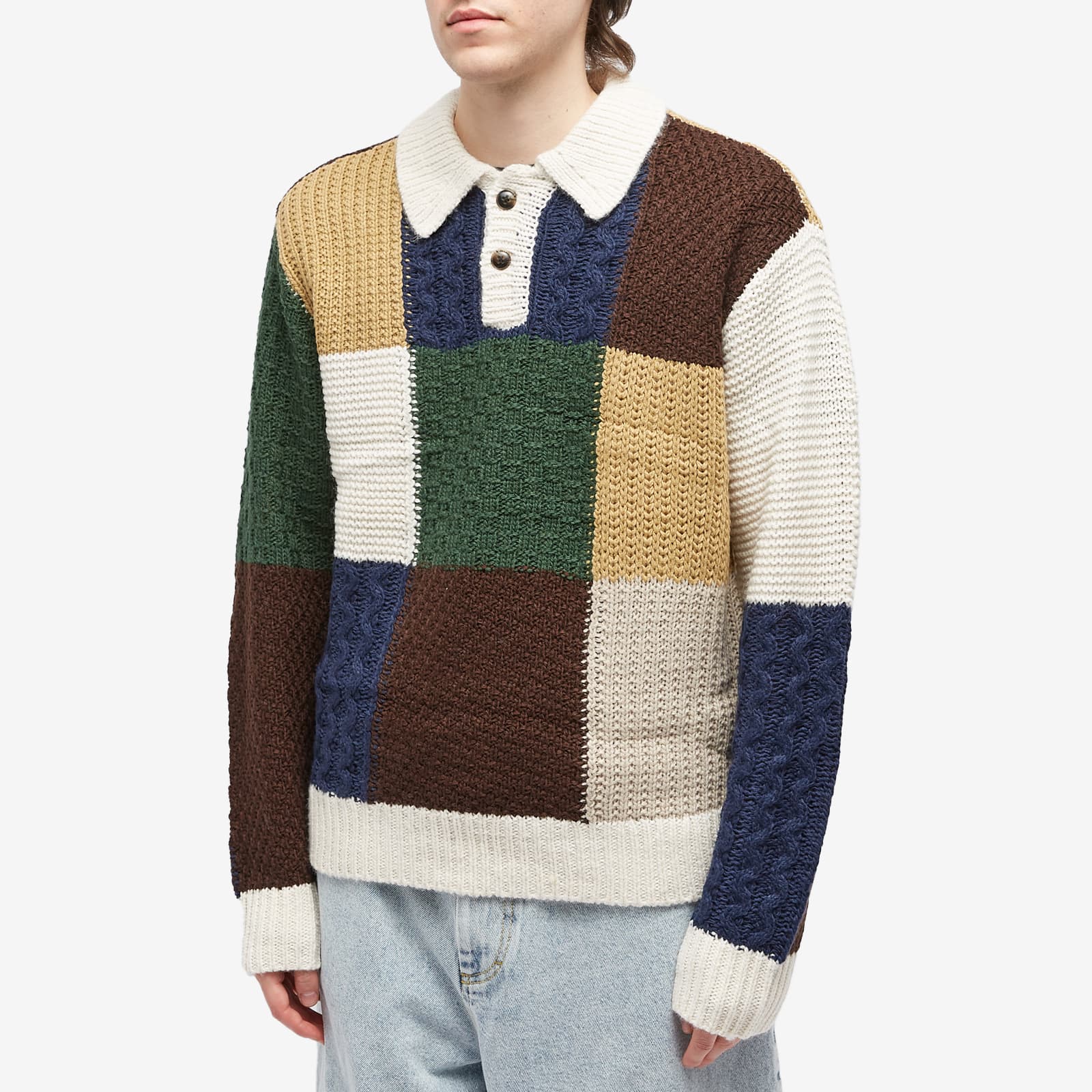 Obey Oliver Long Sleeve Patchwork Polo Unbleached Multi | END.