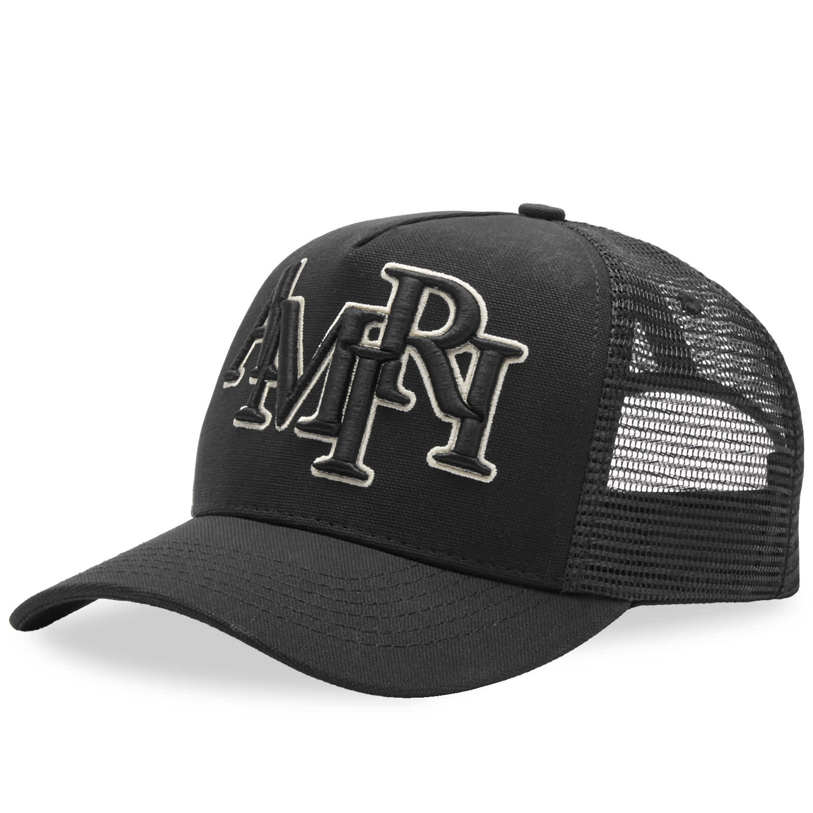 AMIRI Staggered Logo Trucker Hat Black & Alabaster | END.