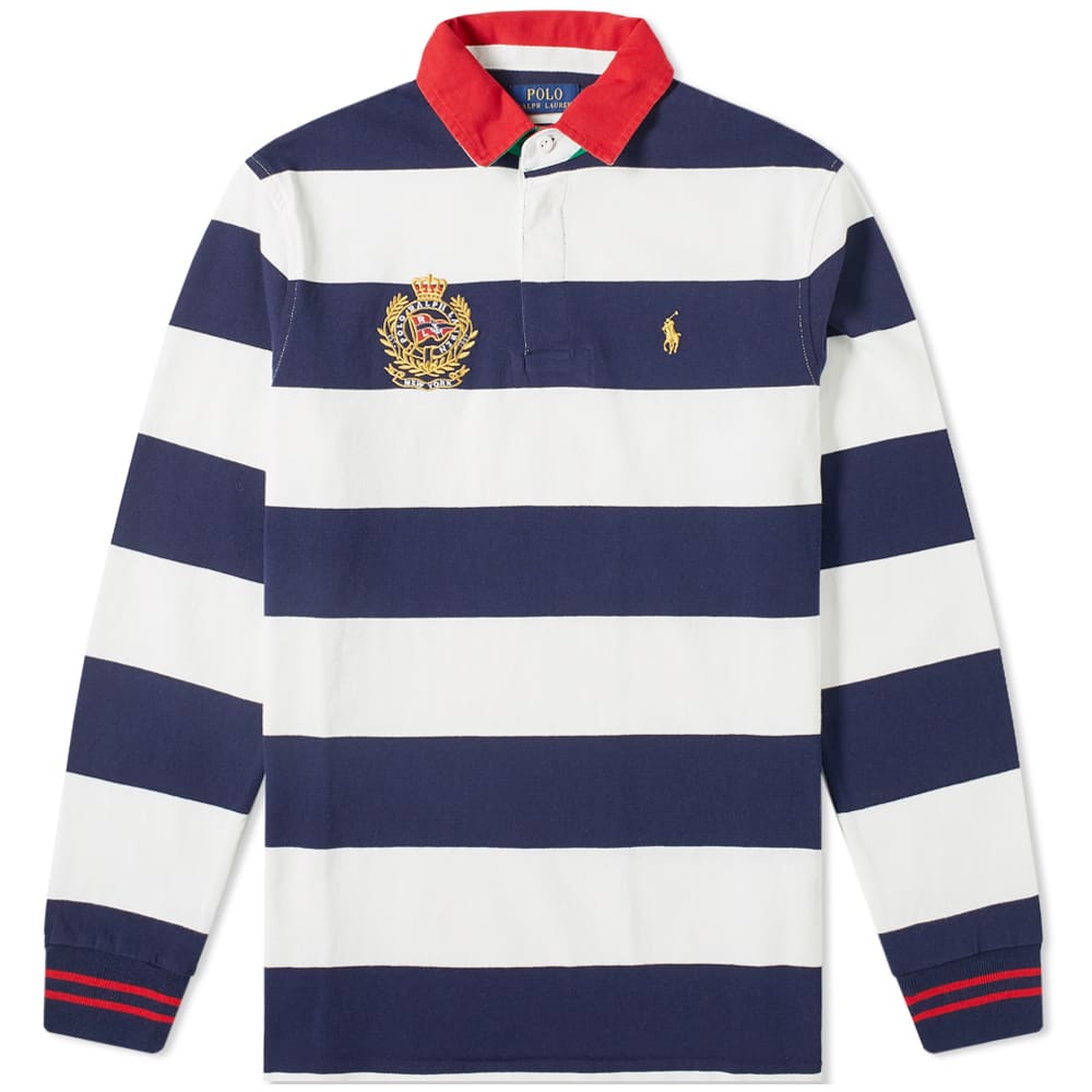 Polo Ralph Lauren Long Sleeve Embroidered Crest Rugby Shirt Cruise Navy And White End